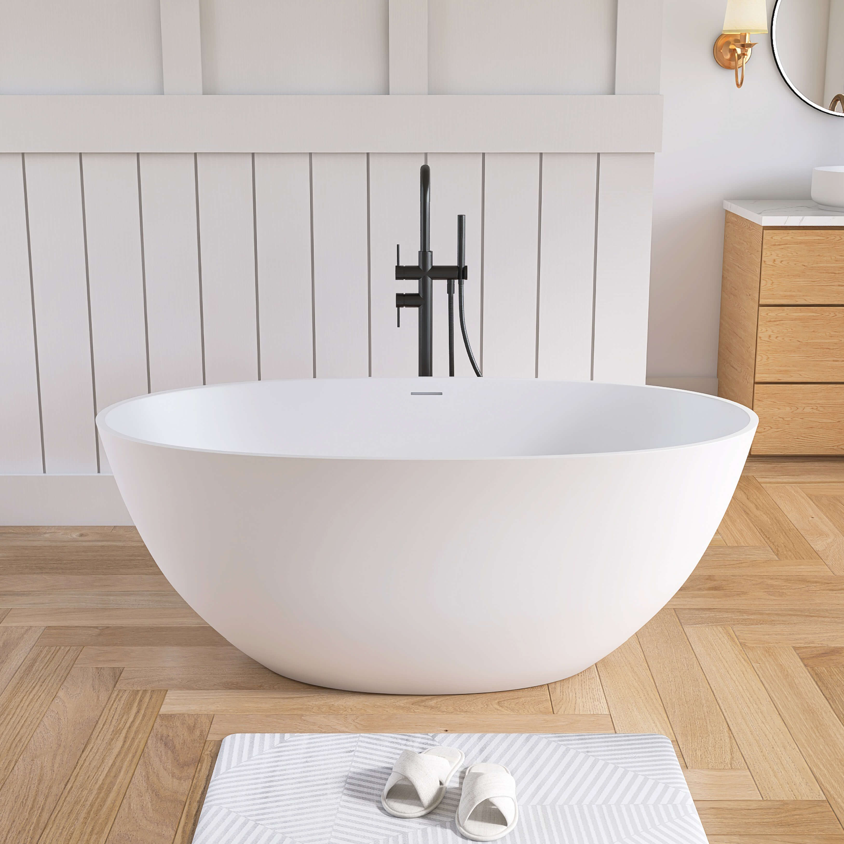 Medunjess 55" Modern Round Freestanding Bathtub – Deep Soaking Solid S