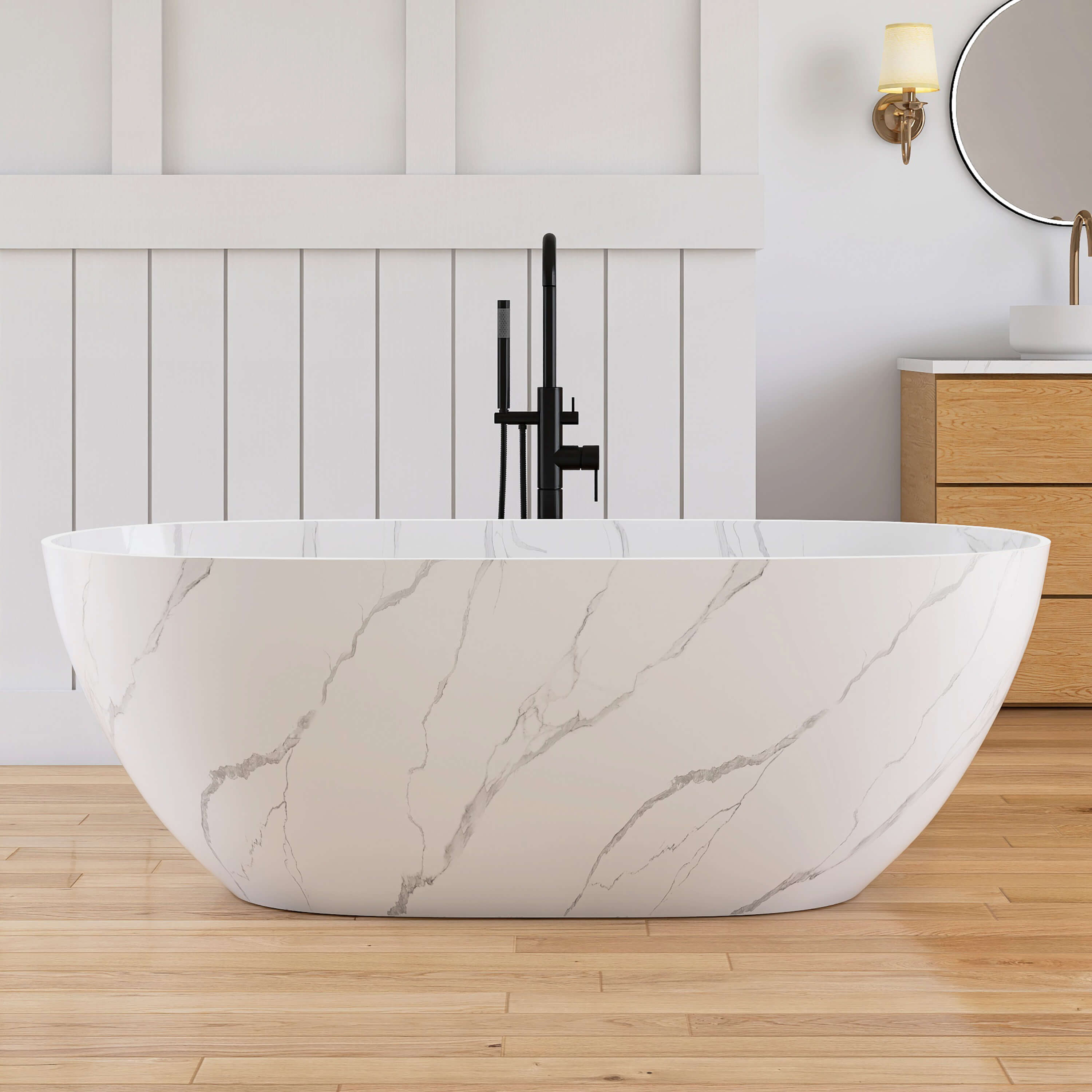 Medunjess 63'' White Marble Vein Solid Surface Stone Soaking Freestand